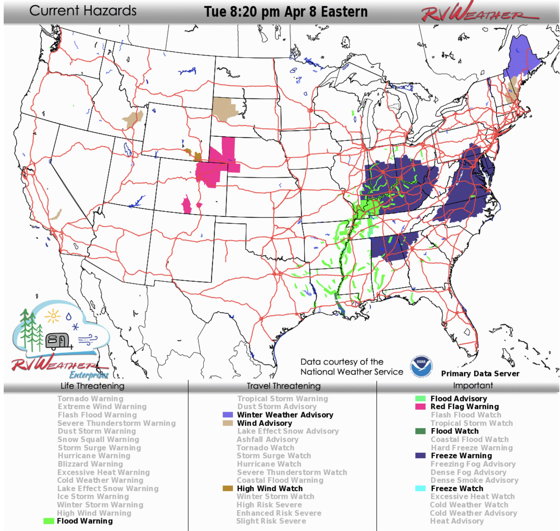 Your RV Weather road trip forecast for Tuesday April 8 2025